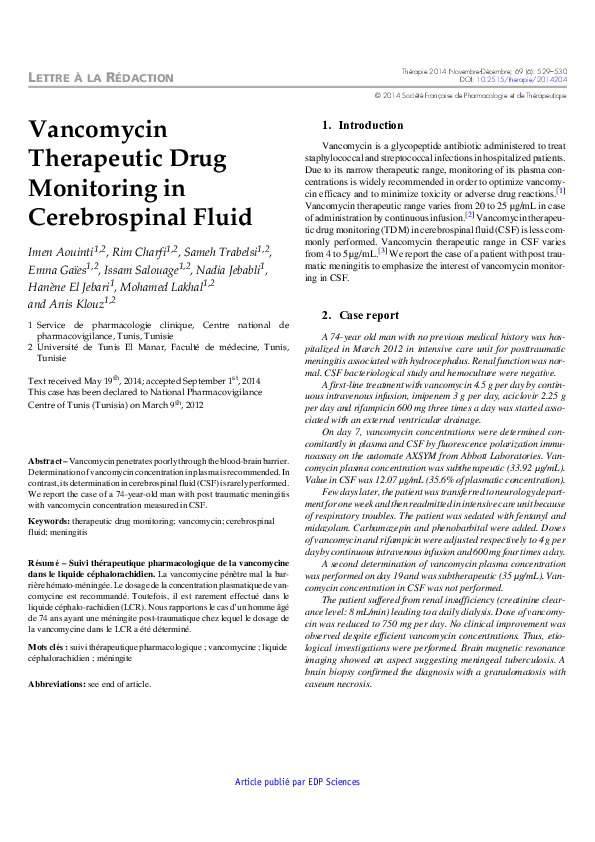 (PDF) Vancomycin Therapeutic Drug Monitoring in Cerebrospinal Fluid