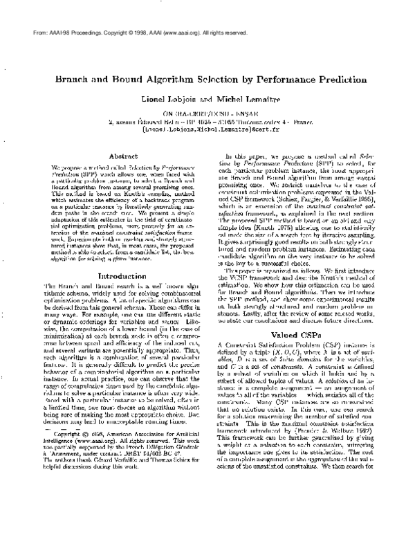 (PDF) Branch and bound algorithm selection by performance prediction