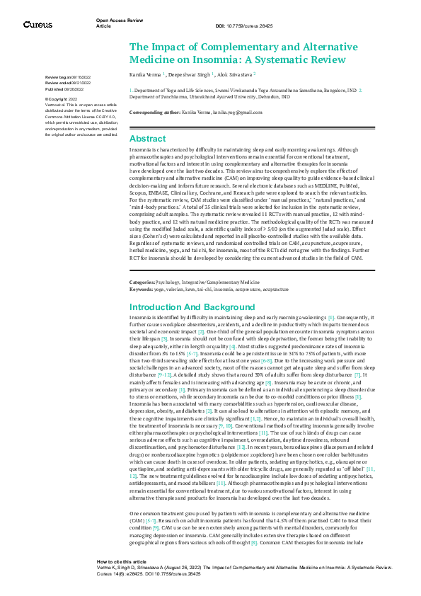 (PDF) The Impact of Complementary and Alternative Medicine on Insomnia: A Systematic Review