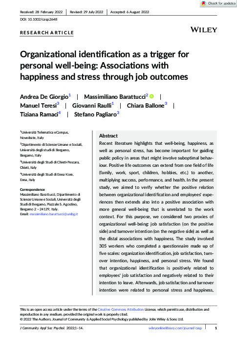 (PDF) Organizational identification as a trigger for personal well ...