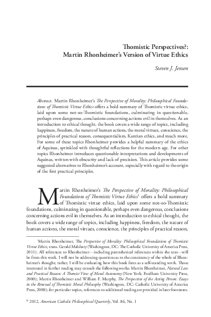 (PDF) Thomistic Perspectives?: Martin Rhonheimer's Version of Virtue ...