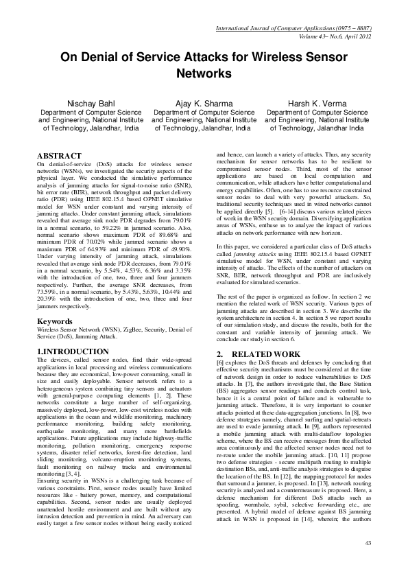Pdf On Denial Of Service Attacks For Wireless Sensor Networks