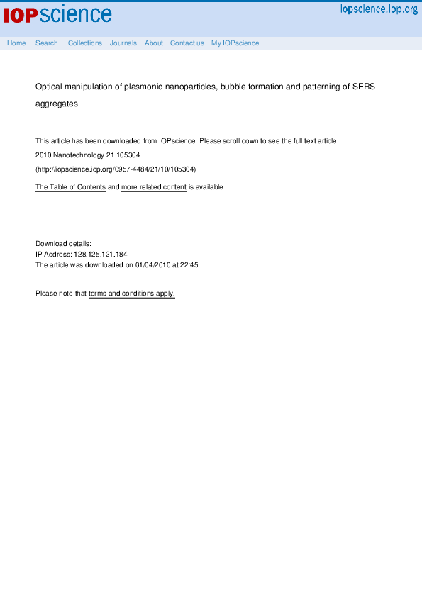 (PDF) Optical manipulation of plasmonic nanoparticles, bubble formation and patterning of SERS ...
