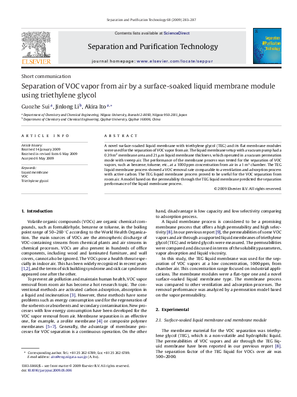 (PDF) Separation of VOC vapor from air by a surface-soaked liquid ...