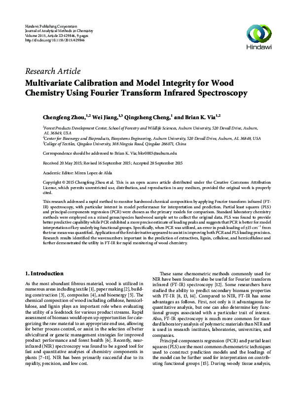 Pdf Multivariate Calibration And Model Integrity For Wood Chemistry Using Fourier Transform