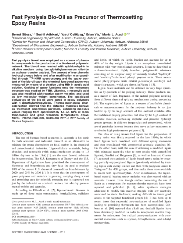 (PDF) Fast pyrolysis bio‐oil as precursor of thermosetting epoxy resins