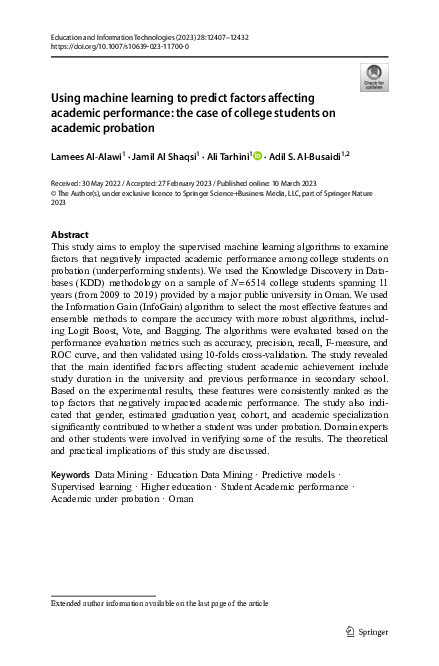 (PDF) Using machine learning to predict factors affecting academic performance: the case of ...