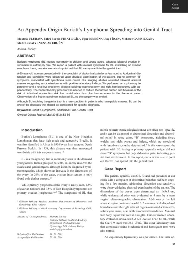 (PDF) An Appendix Origin Burkitt’s Lymphoma Spreading into Genital Tract