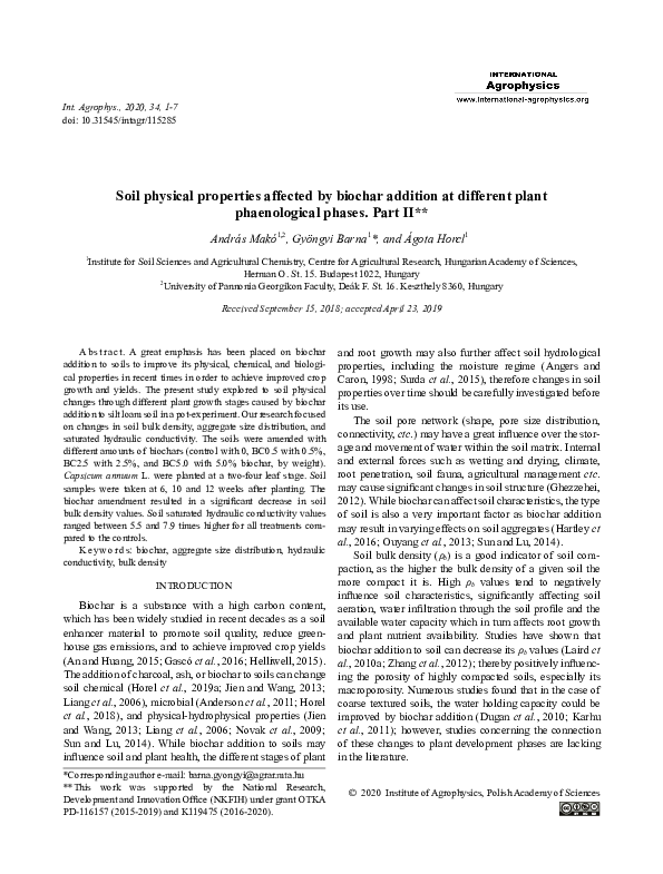 (PDF) Soil physical properties affected by biochar addition at different plant phaenological ...