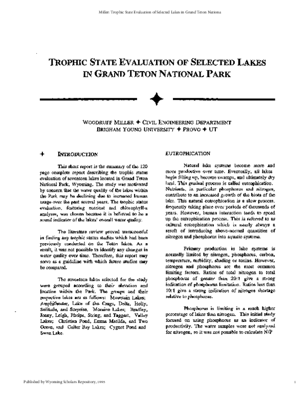 (PDF) Trophic State Evaluation of Selected Lakes in Grand Teton ...
