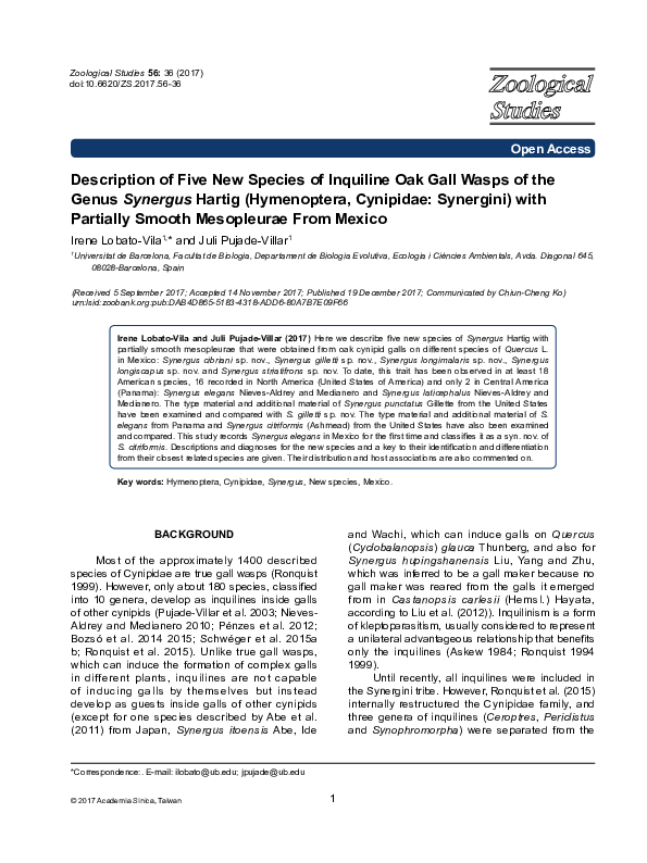 (PDF) Description of Five New Species of Inquiline Oak Gall Wasps of ...