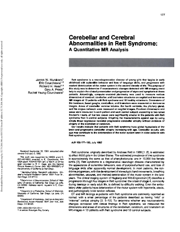 (PDF) Cerebellar and cerebral abnormalities in Rett syndrome: a quantitative MR analysis