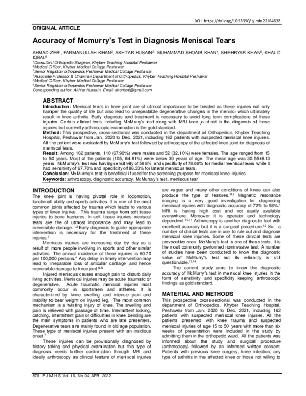 (PDF) Accuracy of Mcmurry’s Test in Diagnosis Meniscal Tears
