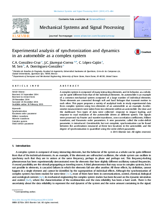 (PDF) Experimental analysis of synchronization and dynamics in an automobile as a complex system