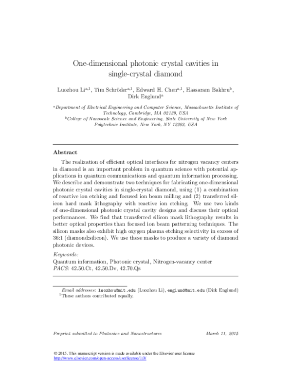 (PDF) One-dimensional photonic crystal cavities in single-crystal diamond