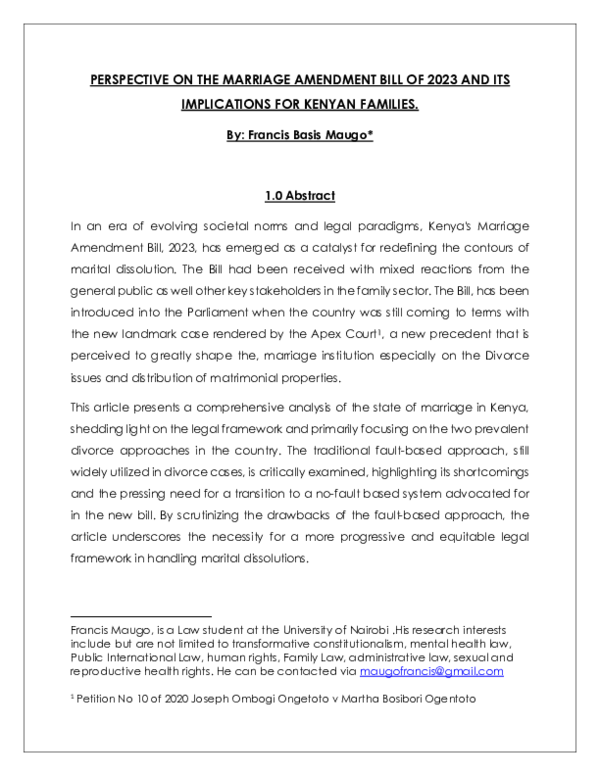 (PDF) PERSPECTIVE ON THE MARRIAGE AMENDMENT BILL OF 2023 AND ITS ...