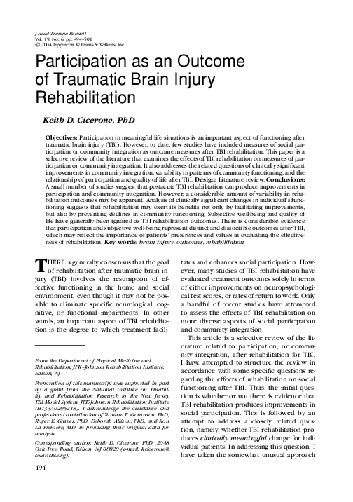 (PDF) Participation as an Outcome of Traumatic Brain Injury Rehabilitation