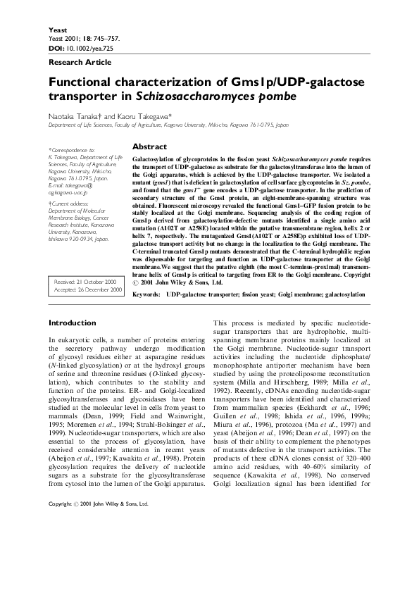 (PDF) Functional characterization of Gms1p/UDP‐galactose transporter in ...
