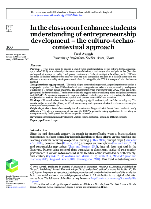 (PDF) In the classroom I enhance students understanding of entrepreneurship development – the ...