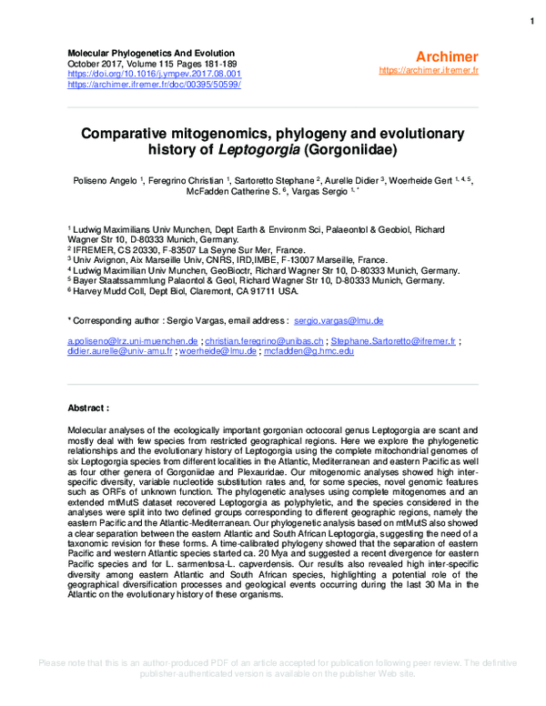 (PDF) Comparative mitogenomics, phylogeny and evolutionary history of Leptogorgia (Gorgoniidae)