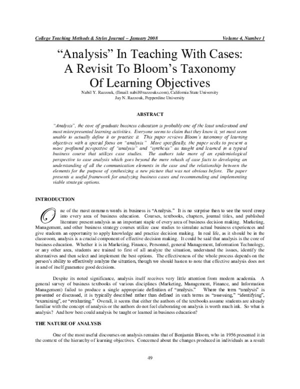(PDF) Analysis In Teaching With Cases: A Revisit To Blooms Taxonomy Of ...