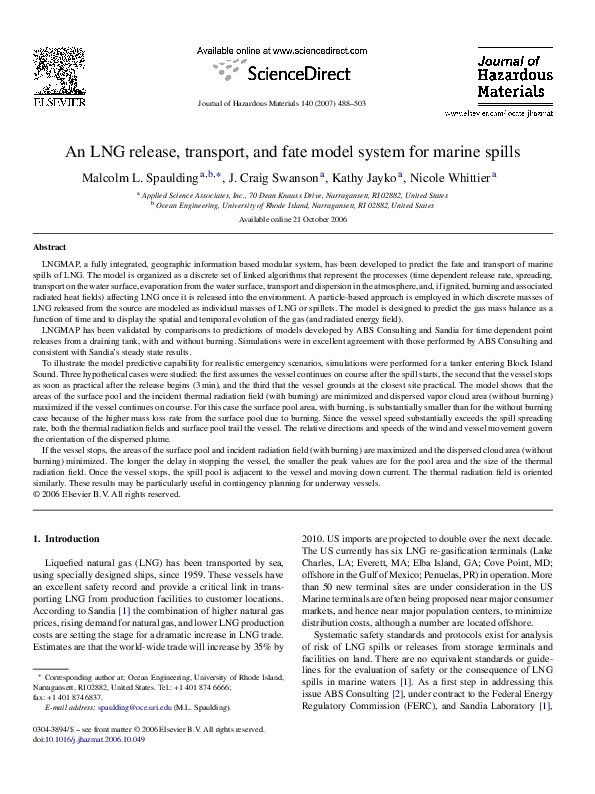 (PDF) An LNG release, transport, and fate model system for marine spills