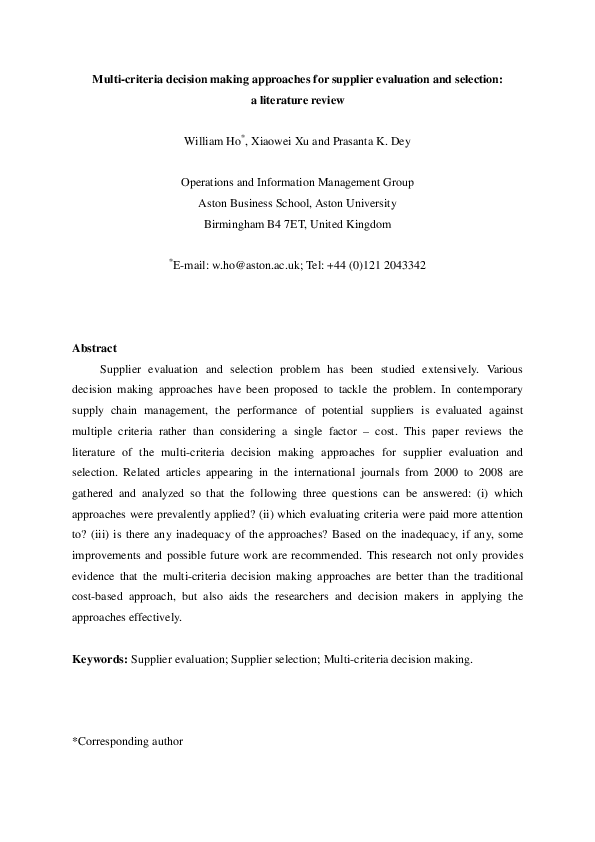 Pdf Multi Criteria Decision Making Approaches For Supplier Evaluation And Selection A