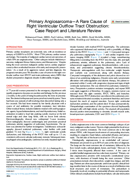 (PDF) Primary Angiosarcoma—A Rare Cause of Right Ventricular Outflow Tract Obstruction: Case ...
