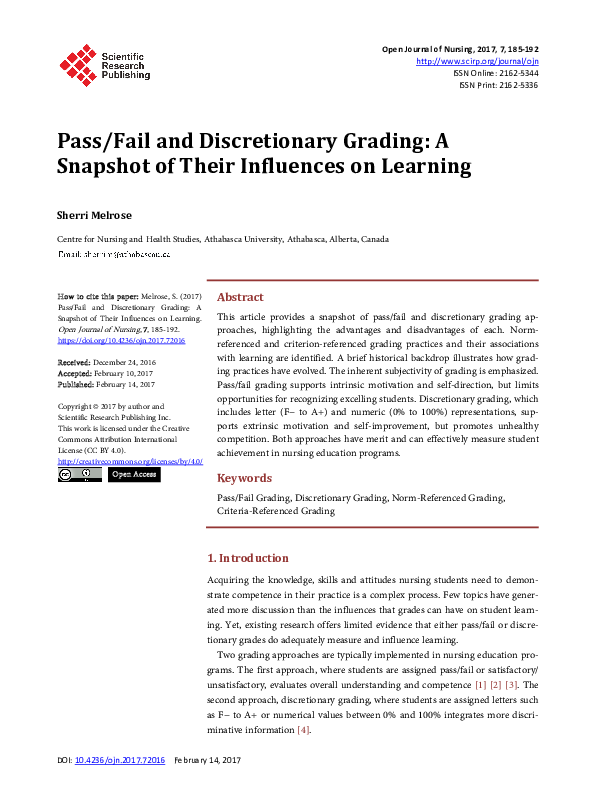 (PDF) Pass/Fail and Discretionary Grading: A Snapshot of Their ...
