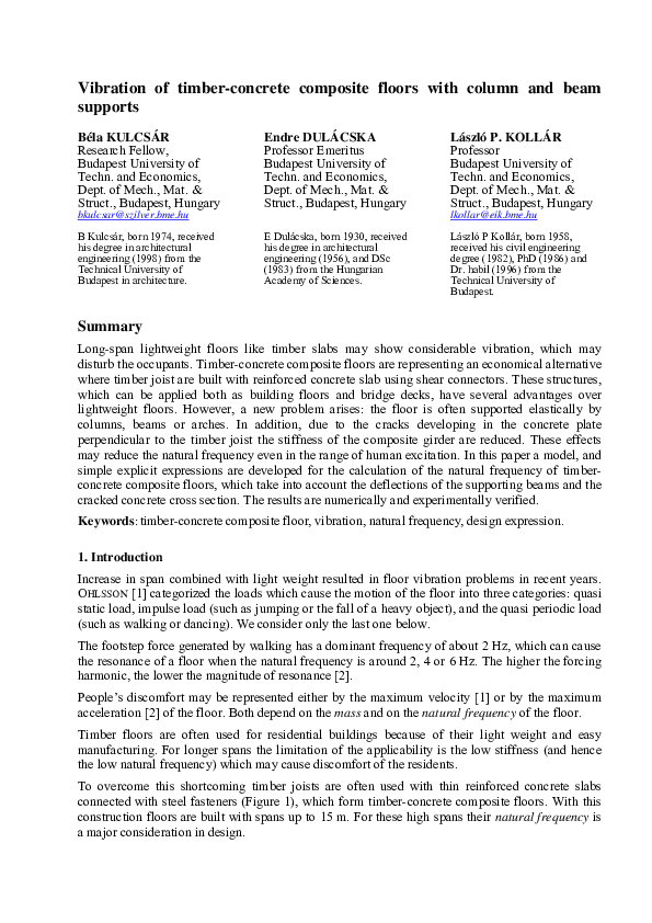 Pdf Vibration Of Timber Concrete Composite Floors With Column And Beam Supports