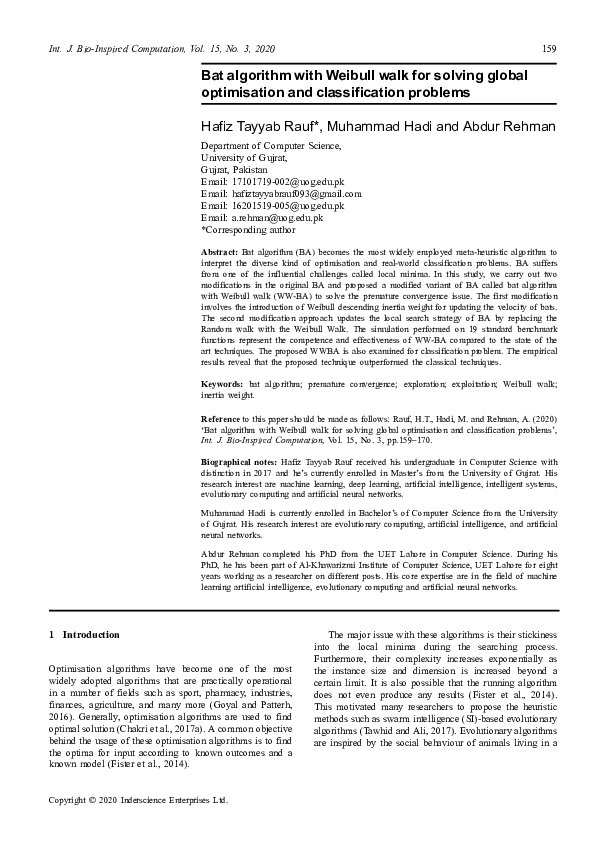 Pdf Bat Algorithm With Weibull Walk For Solving Global Optimisation And Classification Problems