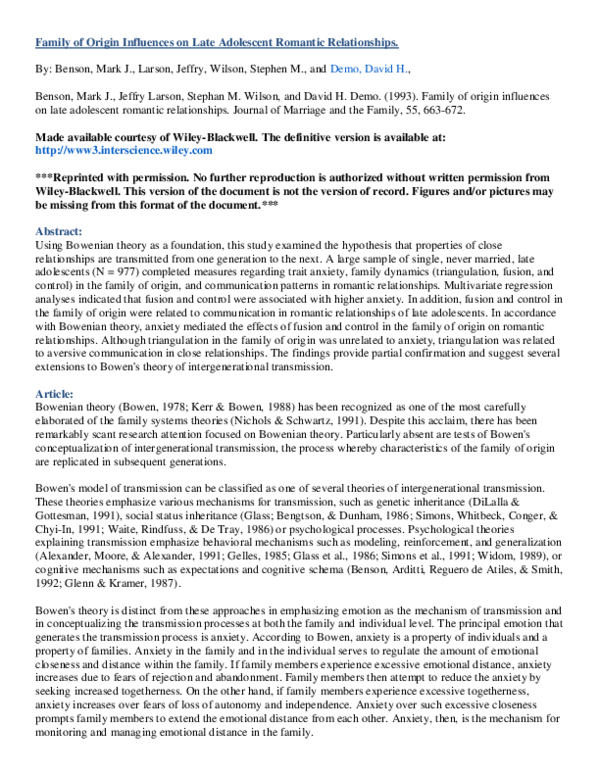(PDF) Family of Origin Influences on Late Adolescent Romantic Relationships