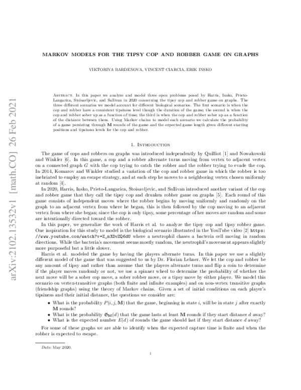 (PDF) Markov Models for Tipsy Cop and Robber Game