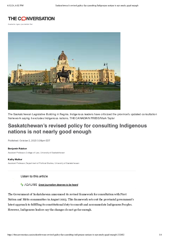 (PDF) Saskatchewan’s revised policy for consulting Indigenous nations ...