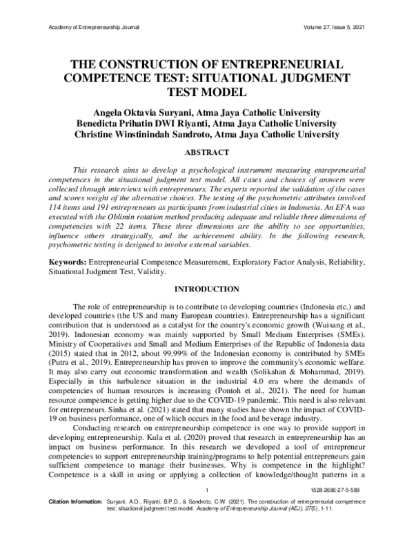 (PDF) The Construction of Entrepreneurial Competence Test: Situational ...