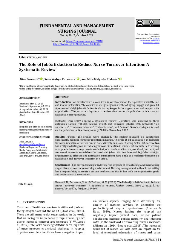 (PDF) The Role of Job Satisfaction to Reduce Nurse Turnover Intention: A Systematic Review