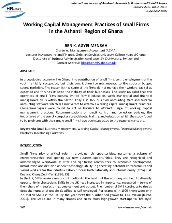 (PDF) Working Capital Management Practices of small Firms in the Ashanti Region of Ghana