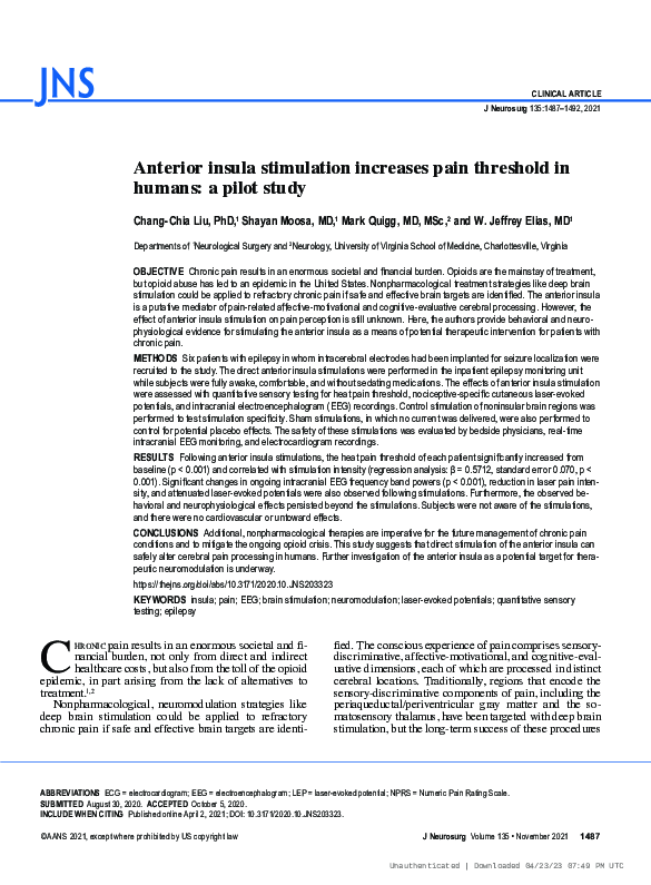 (PDF) Anterior insula stimulation increases pain threshold in humans: a ...