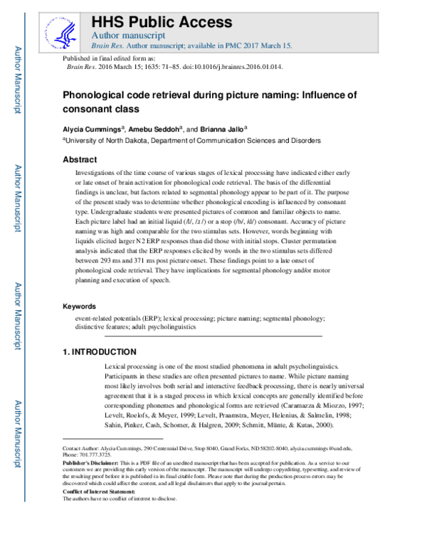 (PDF) Phonological code retrieval during picture naming: Influence of ...