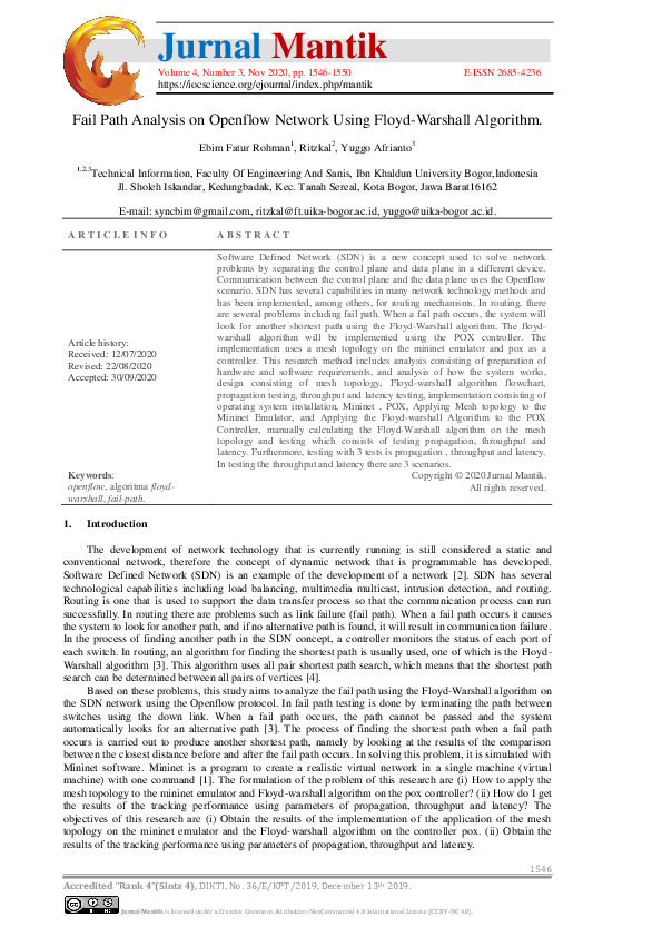 (PDF) Fail Path Analysis on Openflow Network Using Floyd-Warshall Algorithm