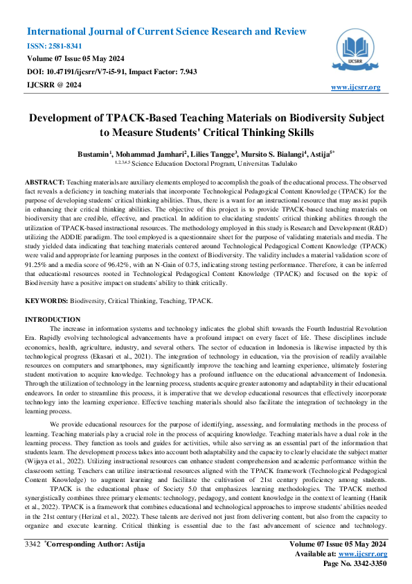 (PDF) Development of TPACK-Based Teaching Materials on Biodiversity Subject to Measure Students ...
