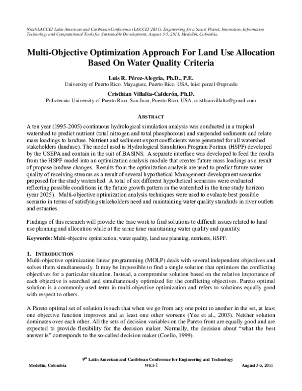 (PDF) Multi-Objective Optimization Approach for Land Use Allocation Based on Water Quality Criteria