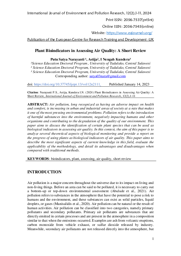 (PDF) Plant Bioindicators in Assessing Air Quality: A Short Review