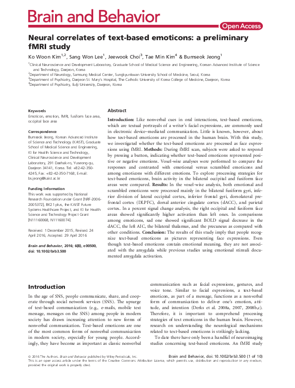 (PDF) Neural correlates of text‐based emoticons: a preliminary fMRI study