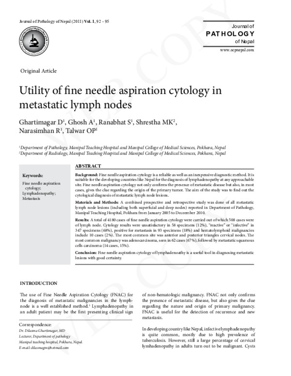 (PDF) Utility of fine needle aspiration cytology in metastatic lymph nodes