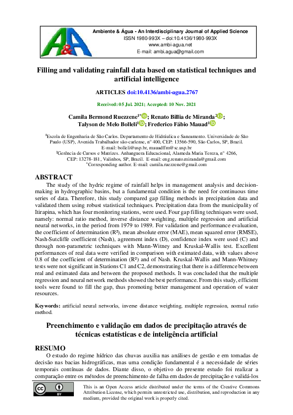 (PDF) Filling and validating rainfall data based on statistical techniques and artificial ...