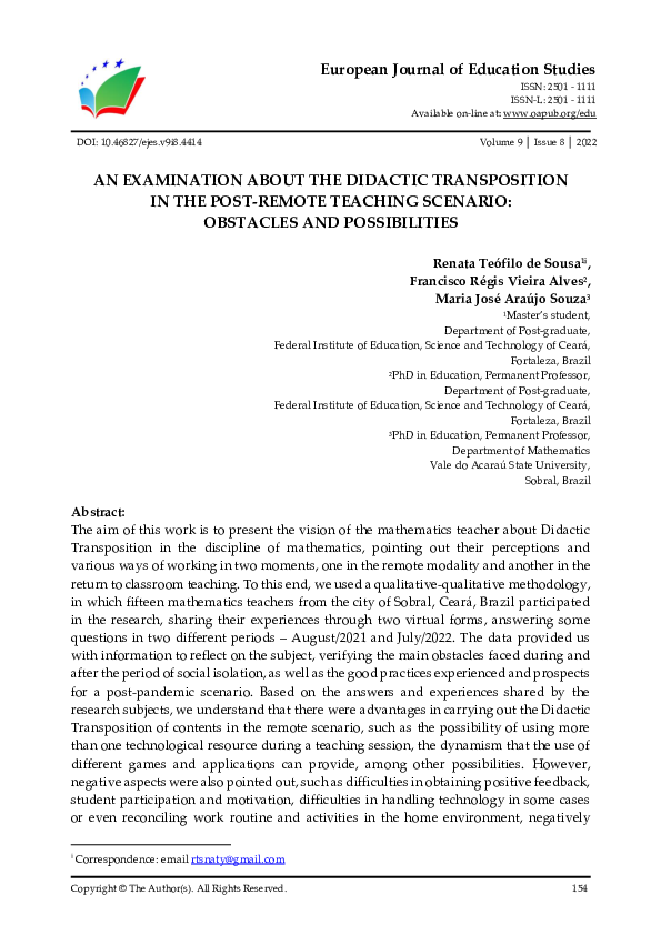 (PDF) An Examination About the Didactic Transposition in the Post-Remote Teaching Scenario ...