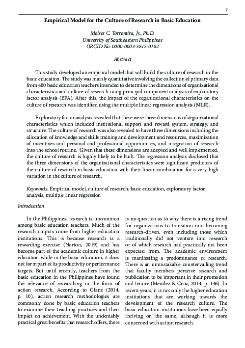 (PDF) Empirical Model for the Culture of Research in Basic Education