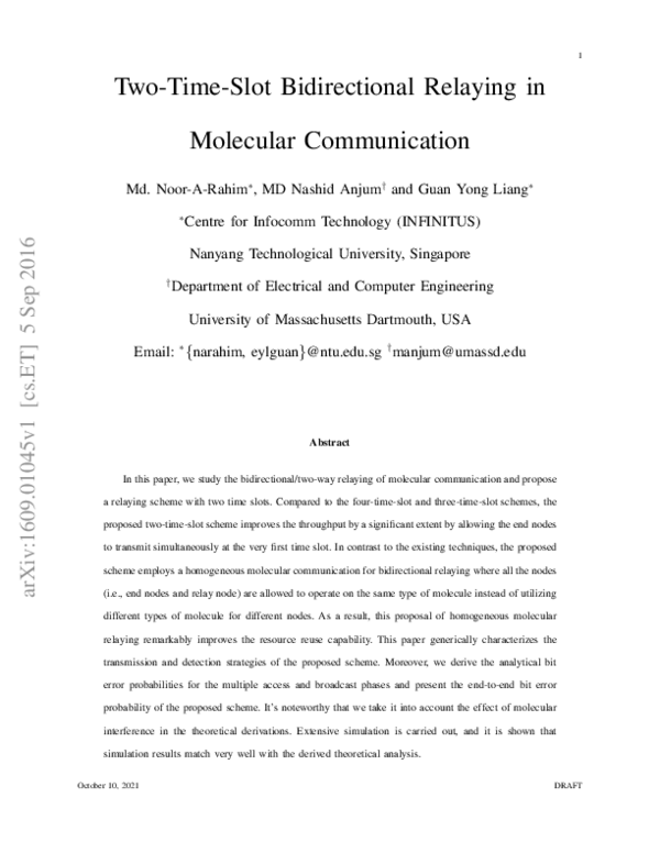 (PDF) Two-Time-Slot Bidirectional Relaying in Molecular Communication