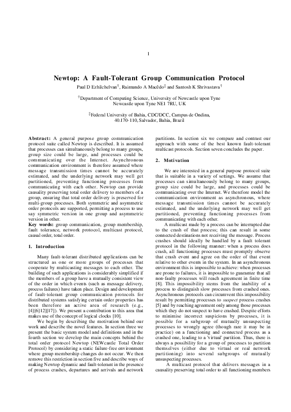(PDF) Newtop: a fault-tolerant group communication protocol